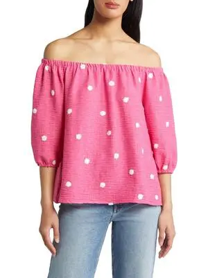 Loveappella Polka Dot Off-the-shoulder Top - Fuchsia