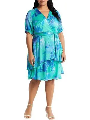 TAHARI ASL Floral Stripe Satin Dress - Multi Blue