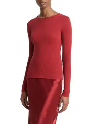 Vince Vince Rib Pima Cotton Long Sleeve Crewneck T-Shirt Ruby Ink