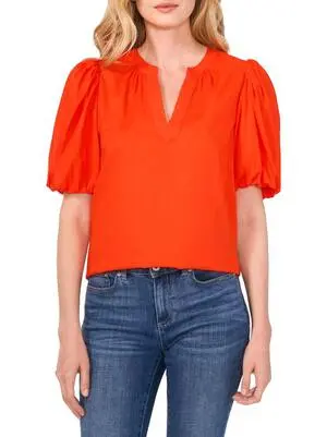 CECE DUPRAZ CeCe Puff Sleeve Poplin Popover Top Tigerlily Red