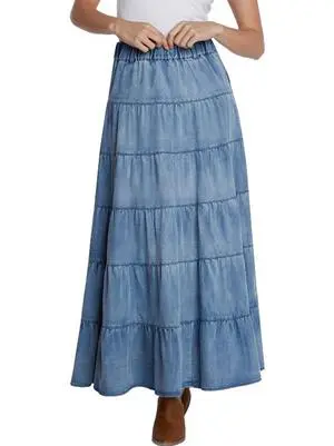 WASH LAB DENIM Tiered Maxi Skirt - Storm Blue
