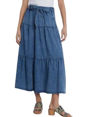 WASH LAB DENIM Tiered Maxi Skirt With Tie Belt - Hilo Blue