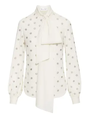 Oscar De La Renta Crystal-embellished Tie-neck Blouse - White