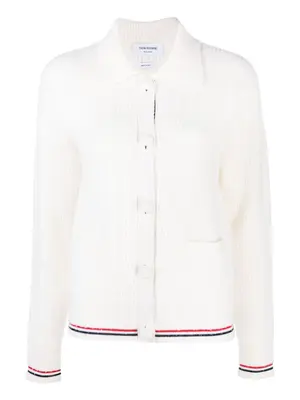 Thom Browne Rwb Stripe-detailing Waffle-knit Cardigan - White