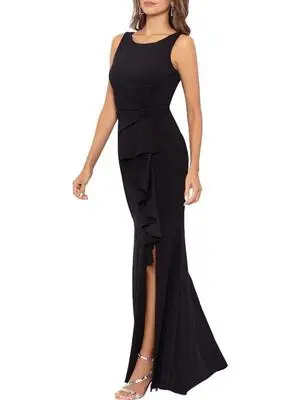 Betsy & Adam Ruffle Slit Gown - Black