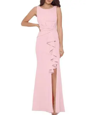 Betsy & Adam Ruffle Slit Gown - Rose