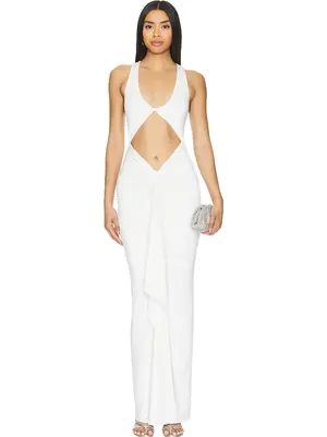 Superdown Superdown Amai Maxi Dress With Front Cut-Out And Draped Ruffles White
