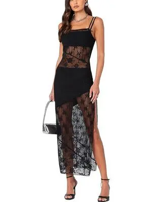 EDIKTED Sheer Mesh & Lace Patchwork Maxi Dress - Black