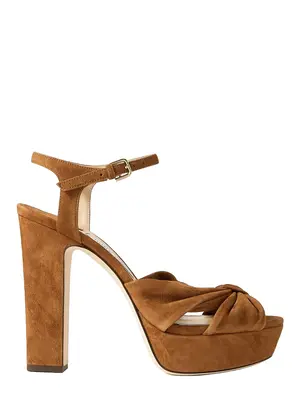 JIMMY CHOO Heloise 120 Knotted Suede Platform Sandals Brown