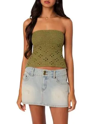 EDIKTED Niki Openwork Strapless Top - Olive