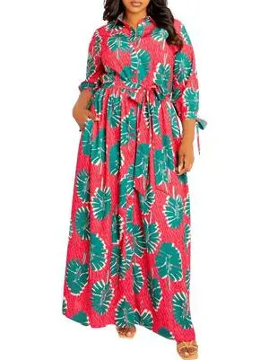 BUXOM COUTURE Mixed Print Maxi Shirt Dress - Pink Multi