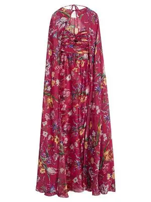 Marchesa Cape-effect Floral-print Charmeuse Gown - Crimson