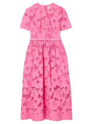 SELF-PORTRAIT Belted Cotton-blend Guipure Lace Midi Dress - Pink