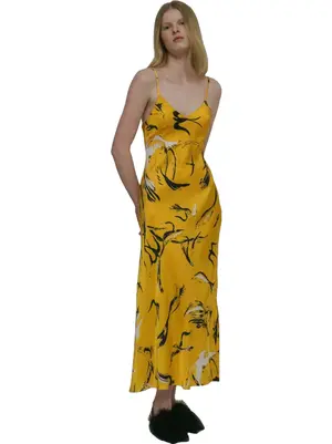 Rosetta Getty Painted Birds Bias Slip Dress - Gold / Yellow