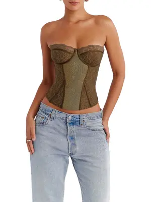 MISTRESS ROCKS Mistress Rocks Strapless Lace Corset Top Olive Green