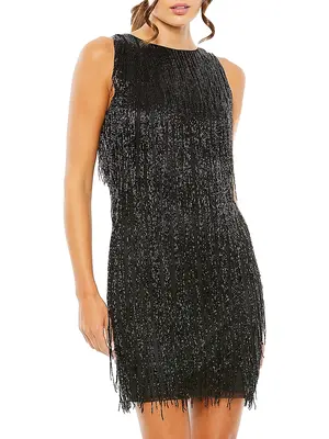 Mac Duggal Beaded Fringe Body-con Minidress Black