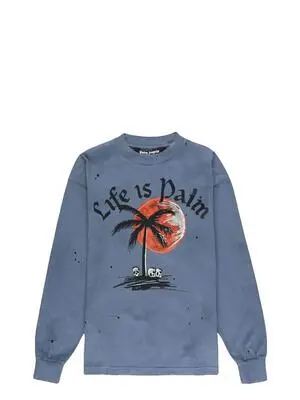Palm Angels Sunset Palm Garment Dyed Long Sleeve Sweatshirt - Blue