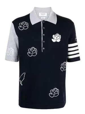 Thom Browne Floral Intarsia-knit Cotton Polo Shirt - Blue