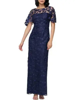 Js Collections Brooke Floral Embroidered Gown - Navy