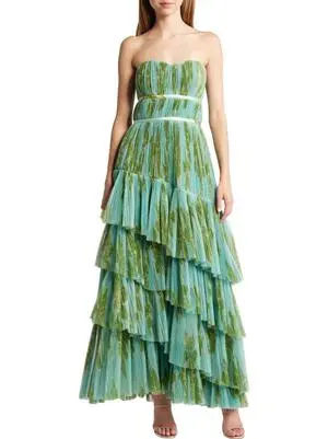 HUTCH Strapless Tiered Tulle Gown - Seafoam