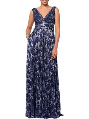 Betsy & Adam Metallic Floral A-line Gown - Navy/ Gunmetal