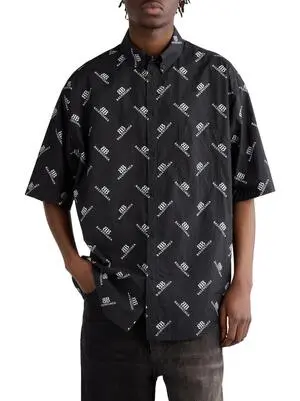 Balenciaga Bb Monogram Oversize Short Sleeve Cotton Button-down Shirt - 1070 Black/ White