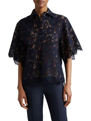 Michael Kors Floral Lace Button-Up Shirt Midnight