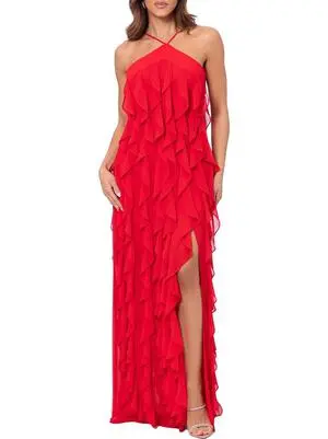 XSCAPE EVENINGS Corkscrew Ruffle Chiffon Gown - Red