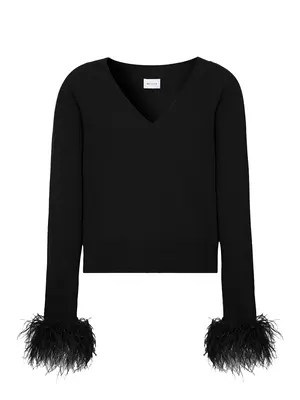 MILLY Feather Cuff V-neck Sweater - Black