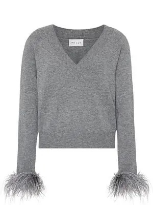 MILLY Long Sleeve Feather Cuff Sweater - Grey Heather