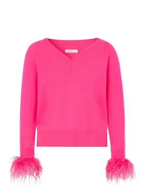 MILLY Feather Cuff V-neck Sweater - Milly Pink