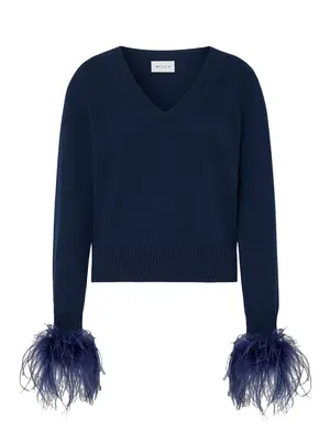 MILLY Feather Cuff V-neck Sweater - Navy
