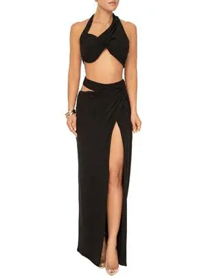 JLUXLABEL Asymmetric Crop Top & Skirt Set - Black