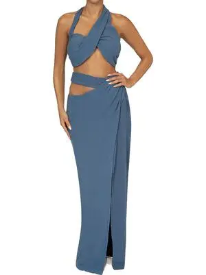 JLUXLABEL Asymmetric Crop Top & Skirt Set - Blue