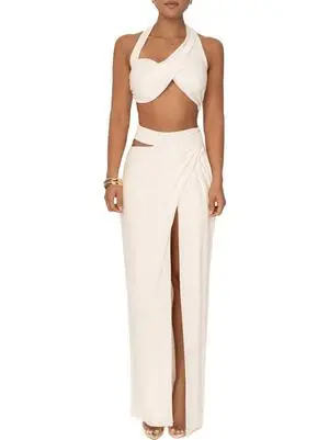JLUXLABEL Asymmetric Crop Top & Skirt Set - White