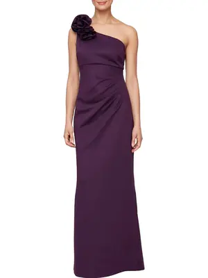 SL FASHIONS Rosette One-shoulder Gown - Plum