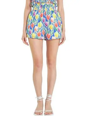 English Factory Tulip Print Ruffle Cotton Shorts - Blue Multi