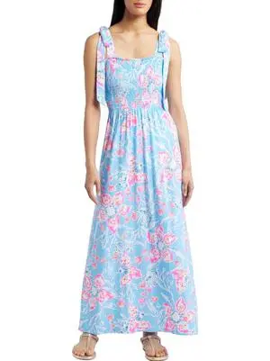 LILLY PULITZER® Floral Smocked Tie Shoulder Maxi Dress - Multi Bahamian Rhapsody