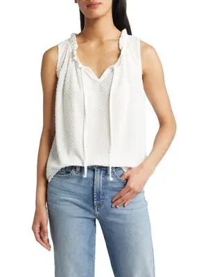 Loveappella Tie Neck Swiss Dot Sleeveless Knit Top - Ivory