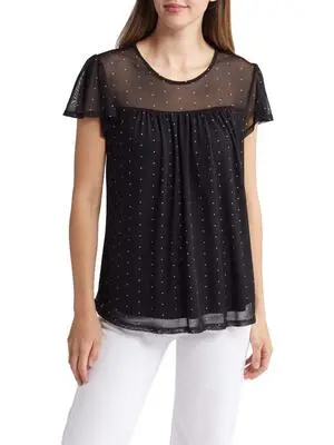Loveappella Polka Dot Sheer Yoke Top - Black