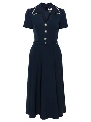 NISSA V-neck Belted Midi Dress - Blue