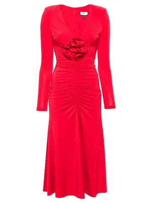 NISSA Floral-appliqué Ruched Gown - Red