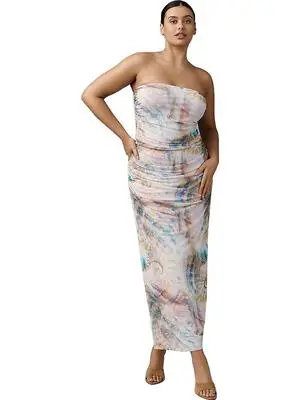 AFRM AFRM Strapless Ruched Mesh Floral Print Midi Dress Beige