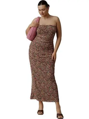 AFRM AFRM Strapless Ruched Mesh Floral Print Midi Dress Red Pattern