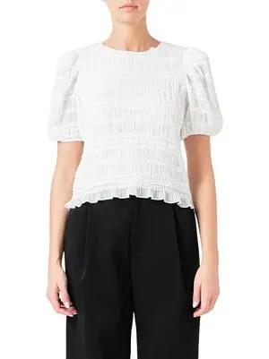 Endless Rose Smocked Puff Sleeve Top - White