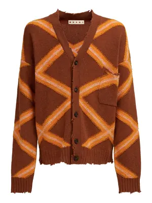 Marni Geometric-pattern Virgin Wool Cardigan - Brown
