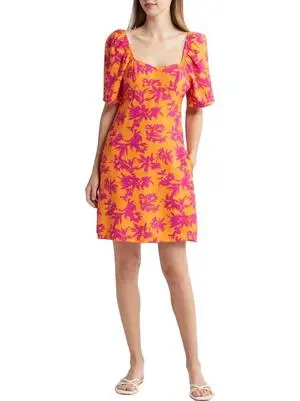 Loveappella Floral Print Puff Sleeve Dress - Fuchsia