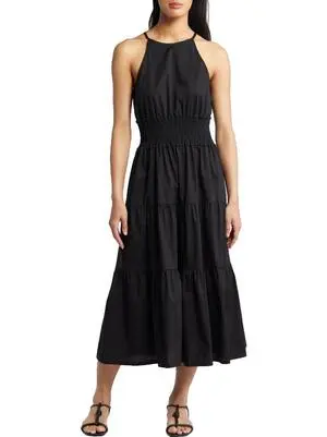 Loveappella Smocked Waist Tiered Maxi Dress - Black