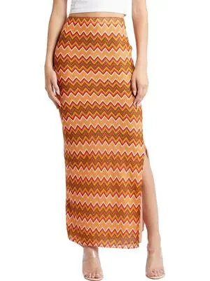 MISTRESS ROCKS Chevron Stripe Mesh Maxi Skirt - Beige Multi