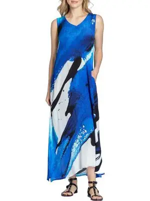 APNY APNY Print V-Neck Sleeveless Chiffon Midi Dress Blue Multi
